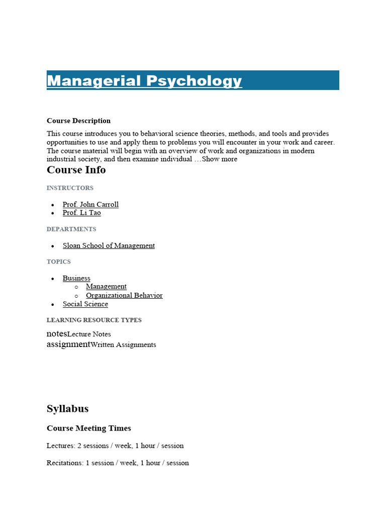 Managerial Psychology | PDF | Lecture | Behavioural Sciences