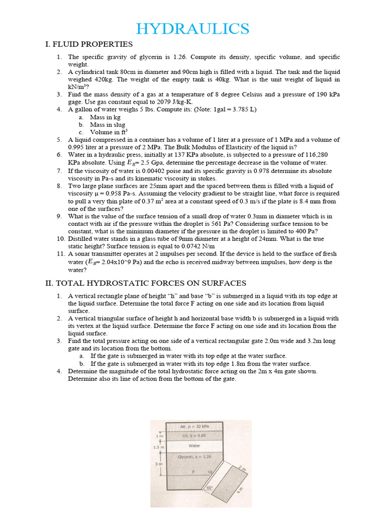 Hydraulics Review Problems | PDF | Pressure | Viscosity