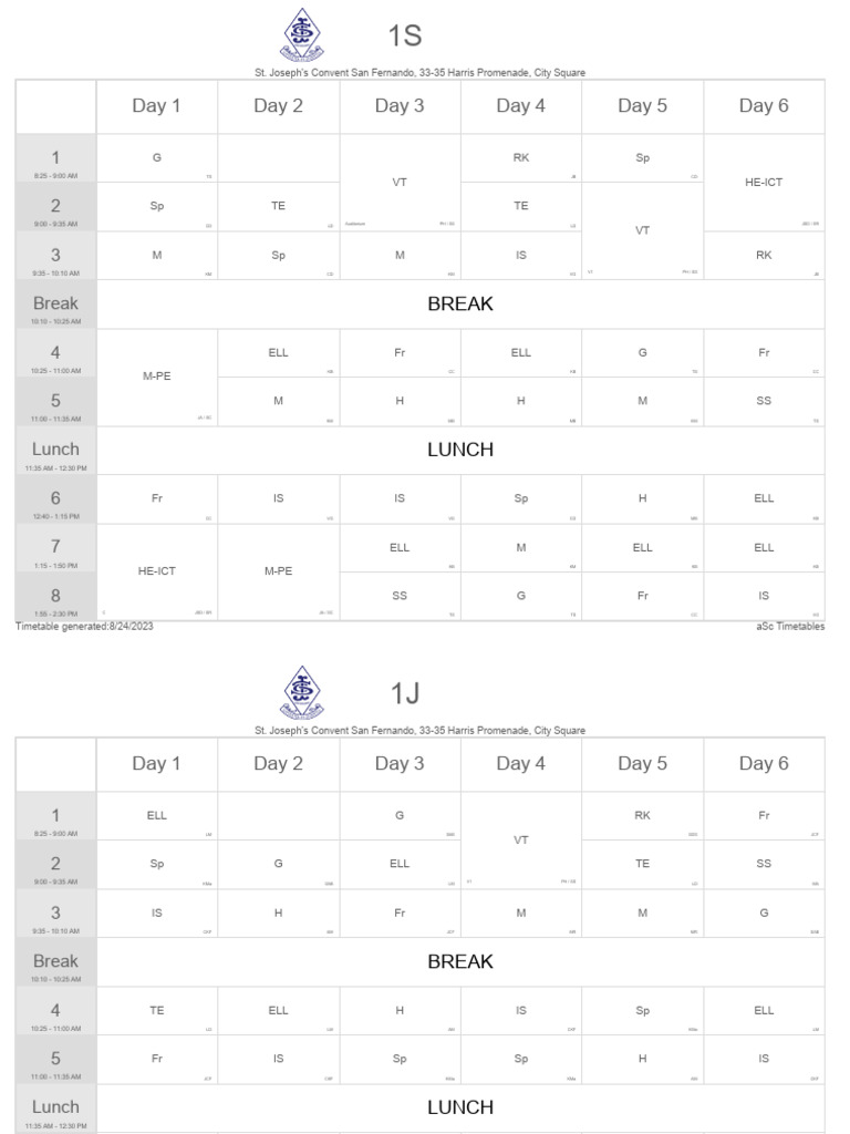 St. Joseph's Convent Timetable 2023 | PDF