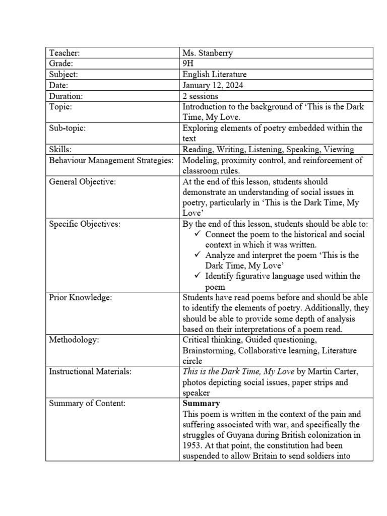 Grade 9 English B Lesson Plans | PDF | Poetry | Critical Thinking