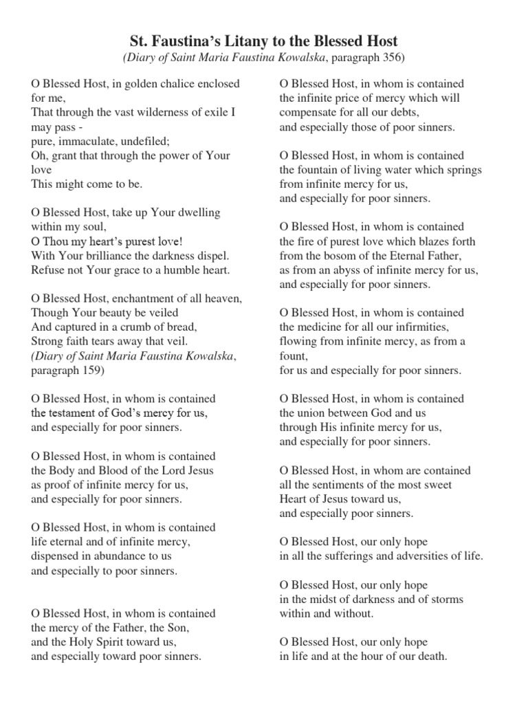 St. Faustina's Litany to the Blessed Host | PDF | Mercy | Christian ...