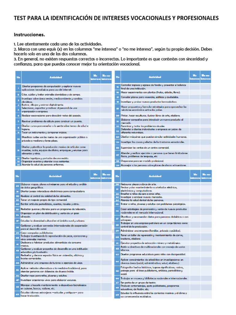 Test para Orientacion Vocacional | PDF