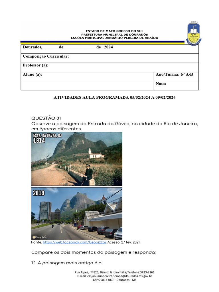 ATIVIDADES Aula Programada 6 °anos | PDF | Paisagem