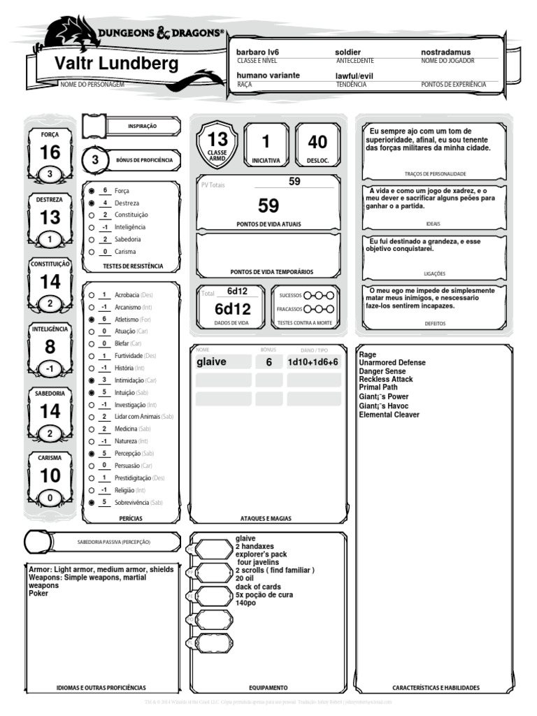 Ficha Automatica DnD5e | PDF | Conceitos psicológicos
