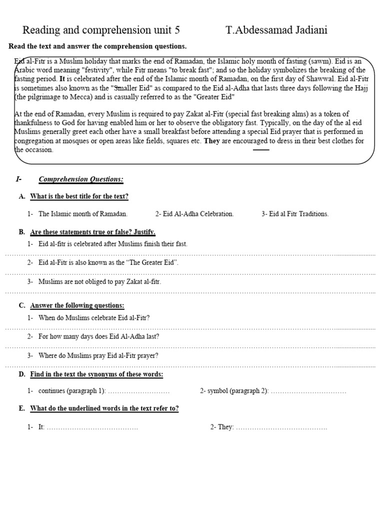 Reading and Comprehension Celebration 1bac Quiz | PDF | Ramadan ...