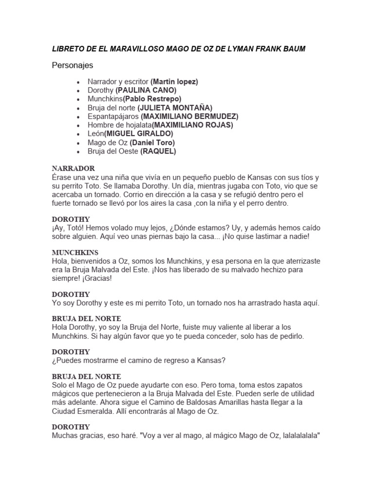 Libreto de El Maravilloso Mago de Oz de Lyman Frank Baum | PDF | Dorothy Gale | Wizard Of Oz ...