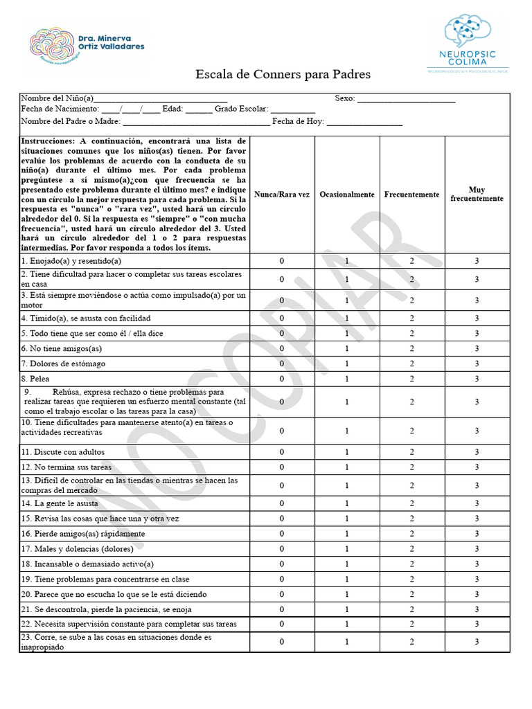 Escala de Conners para Padres PDF | PDF
