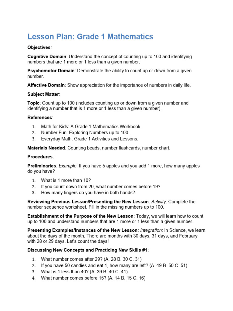 Math 1 Lesson Plan (Count Up To 100) | PDF | Psychology | Behavioural ...