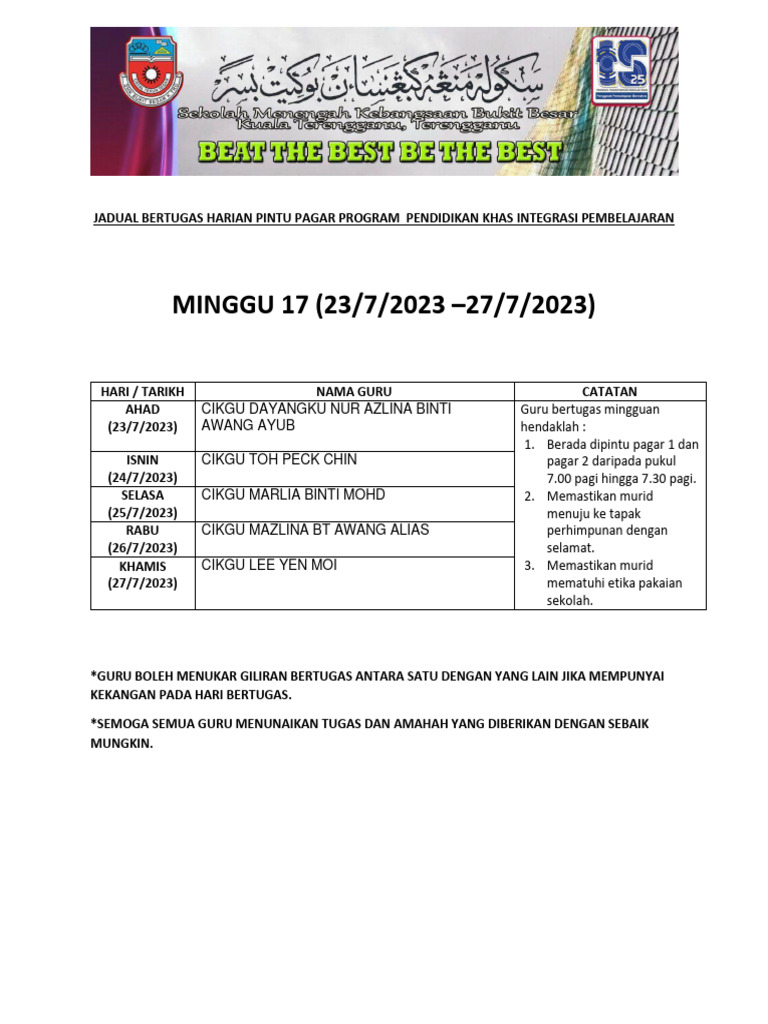 Jadual Bertugas Harian M17 | PDF