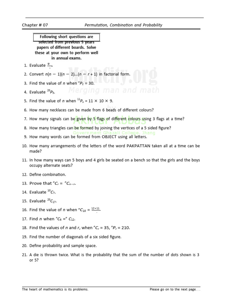 Short Question Ch07 FSC Part1 Akhtar Abbas | PDF | Probability | Applied Mathematics
