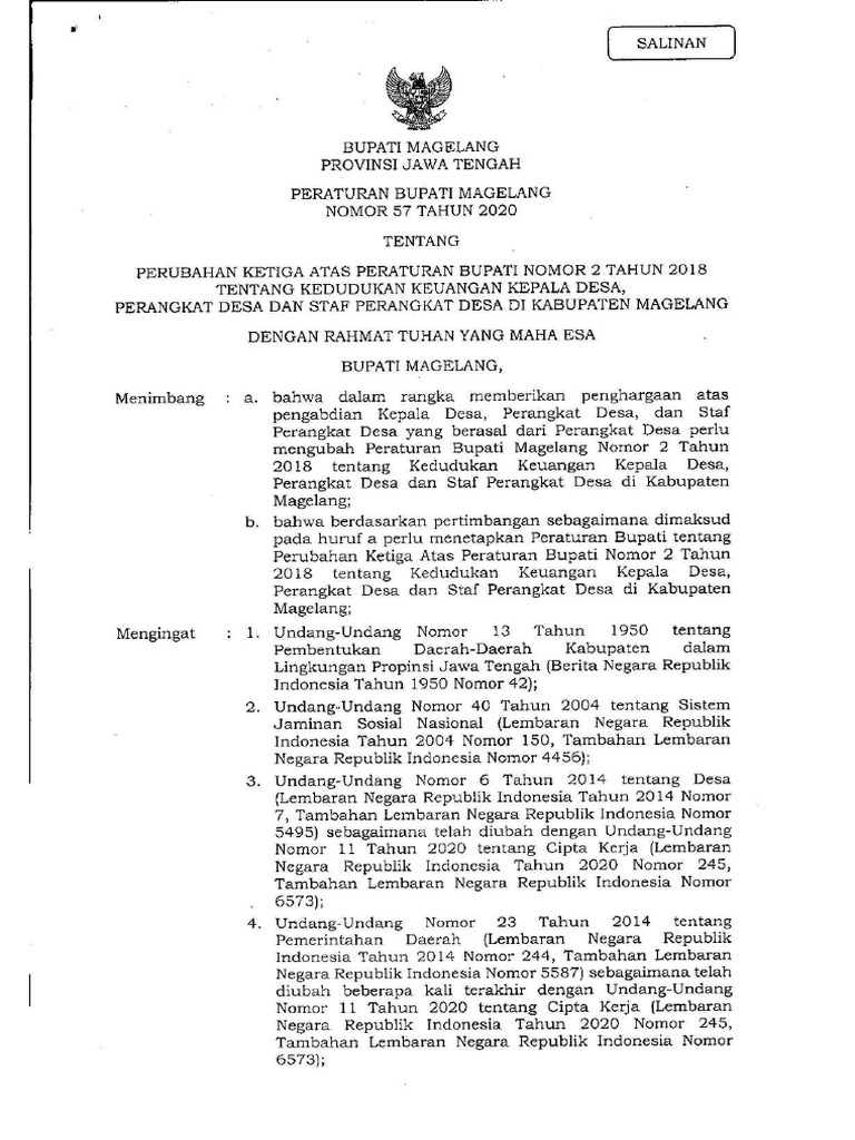 PERBUP 57 TAHUN 2020 TTG Perubahan Ketiga Perbup Kedudukan Keuangan Kades Dan Perangkat Desa | PDF