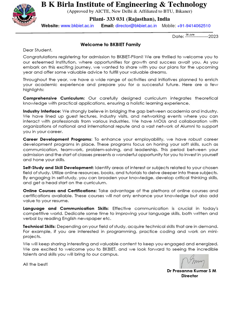 1.. Welcome Letter To First Year Students | PDF | Educational ...