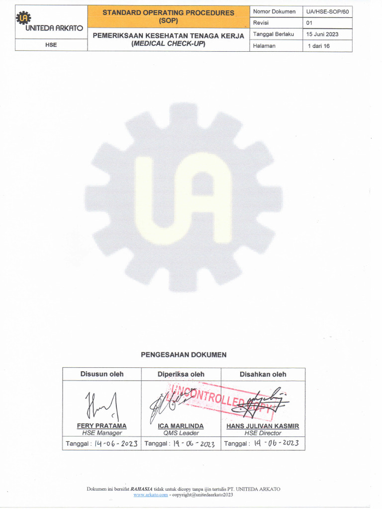 SOP Pemeriksaan Kesehatan Karyawan (MCU) | PDF