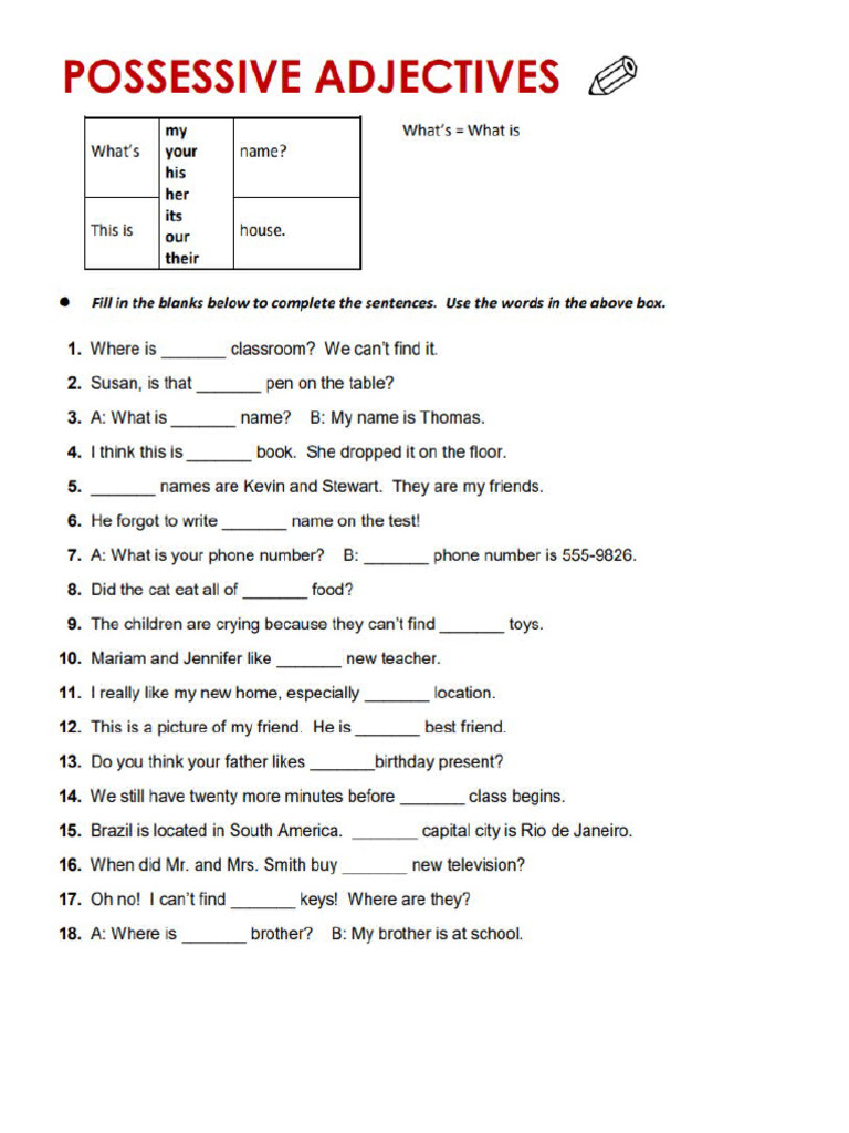 POSSESSIVES Homework | PDF