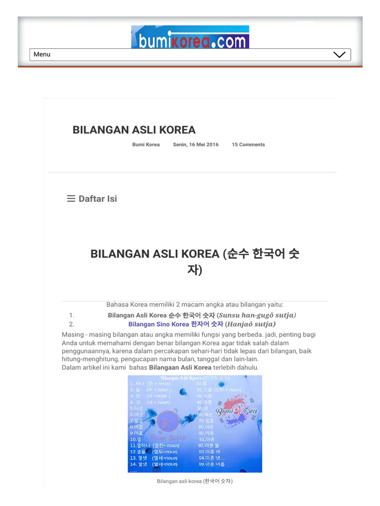 BILANGAN ASLI KOREA - BumiKorea Belajar Bahasa Korea Untuk Pemu | PDF