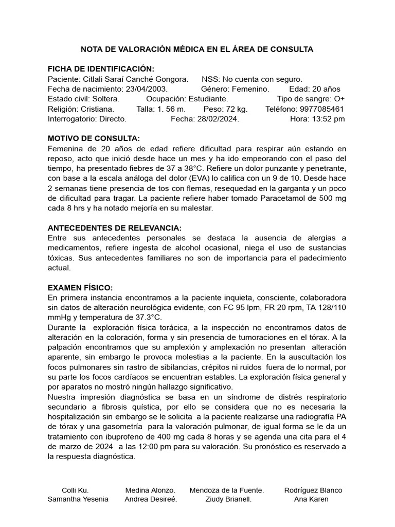 Nota de Valoración Médica en El Área de Consulta | PDF | Examen físico ...