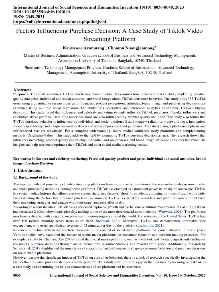 Factors Influencing Purchase Decision: A Case Study of Tiktok Video Streaming Platform | PDF ...