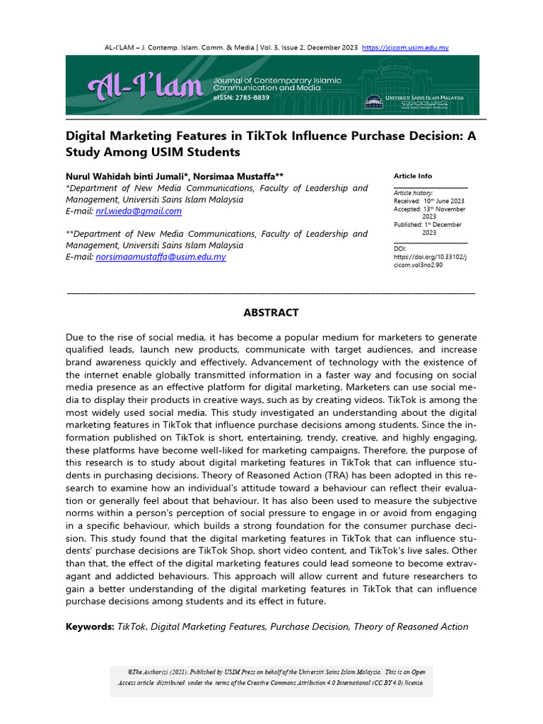 Digital Marketing Features In Tik Tok Influence Pu Pdf Digital