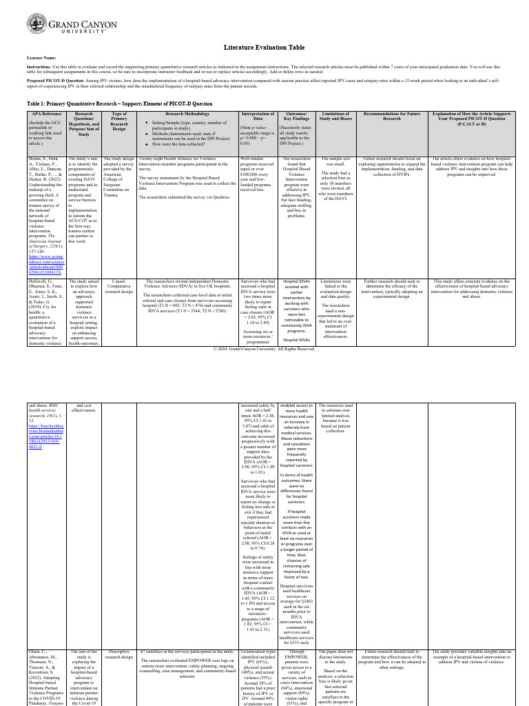 DNP 801A RS6 LiteratureEvaluationTable (1) | PDF | Violence | Health Care