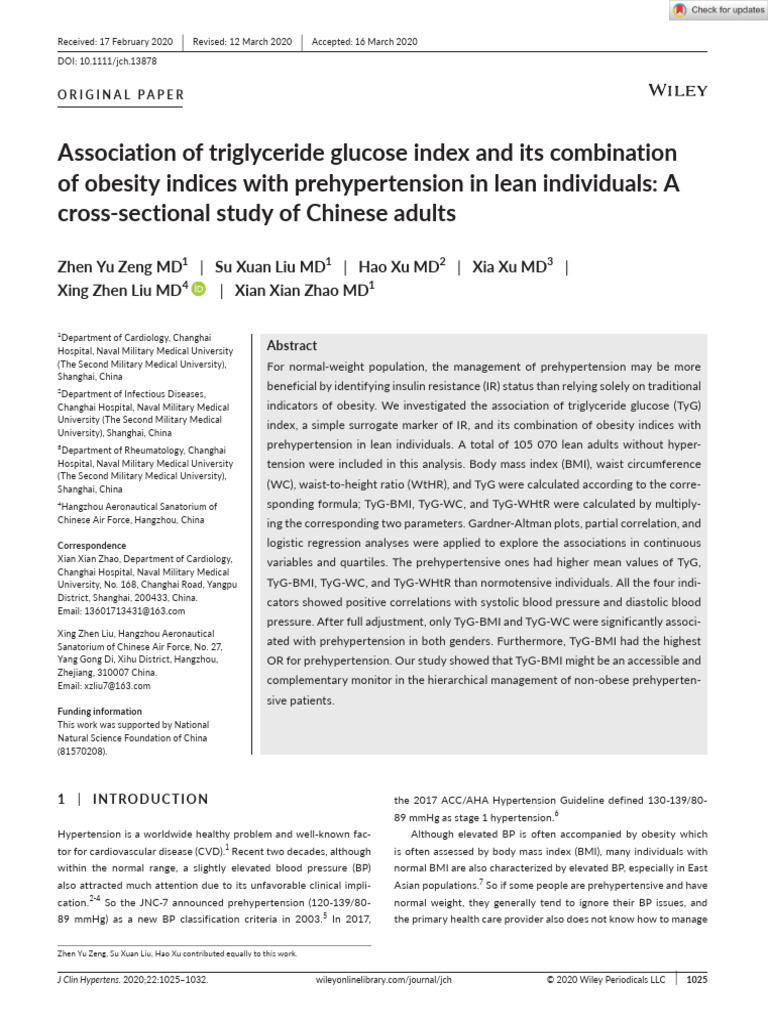 J of Clinical Hypertension - 2020 - Zeng - Association of Triglyceride ...