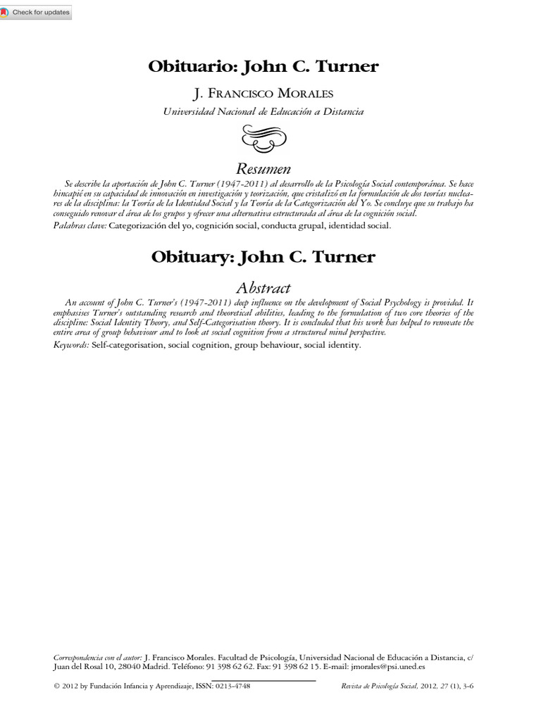 John C. Turner: Legado en Psicología Social | PDF | Sicología | Ciencias del comportamiento