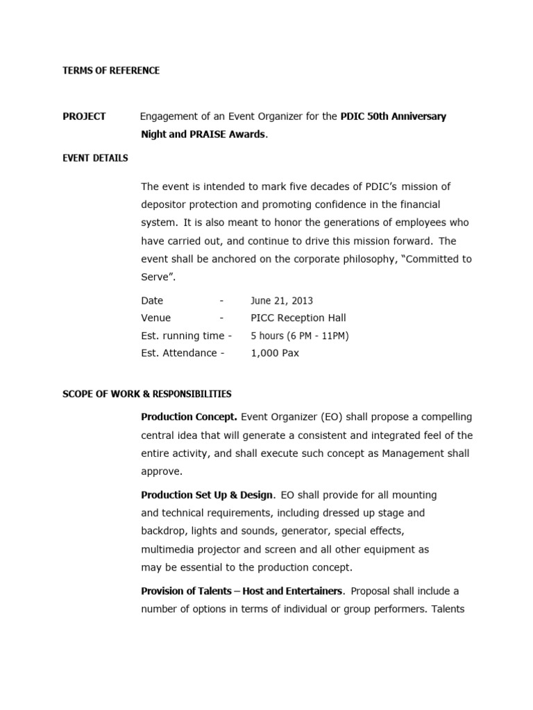 Sample Terms of Reference Special Events Organizer | PDF