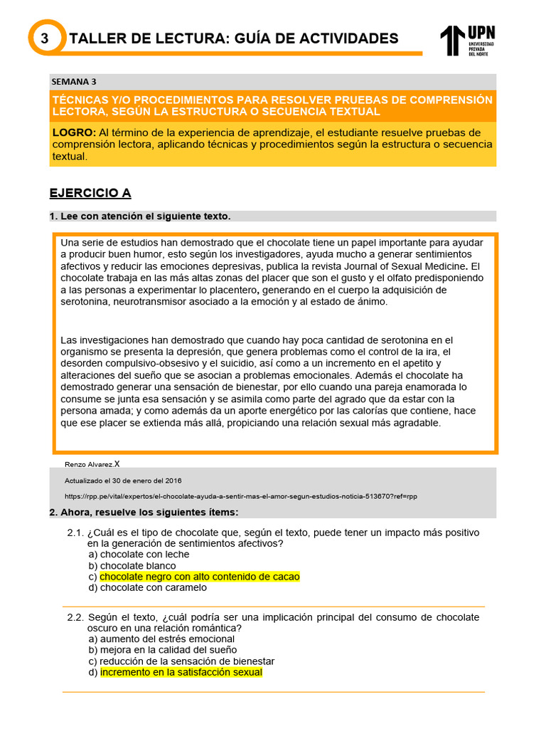 SEM 3 - Guía de Actividades de Lectura | PDF | Las emociones | Placer