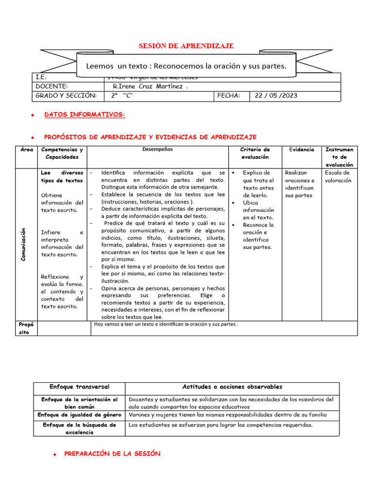SESIÓN DE APRENDIZAJE Oraciones . | PDF | Aprendizaje | Evaluación