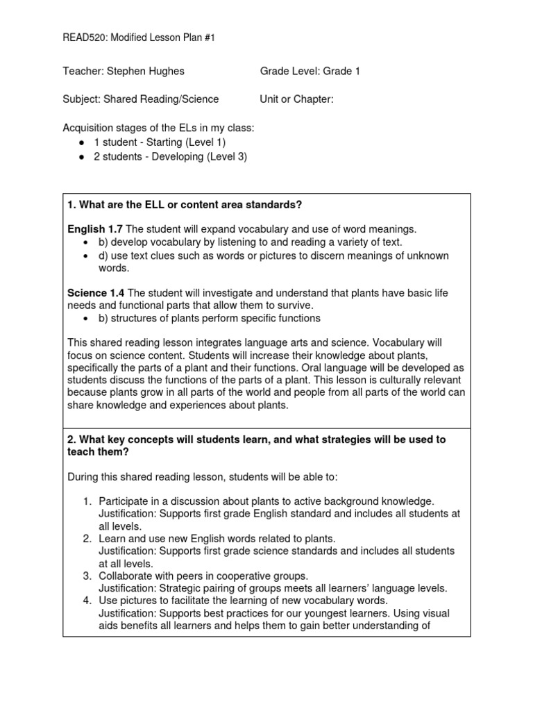 520 Modified Lesson Plan One | PDF | Vocabulary | Learning
