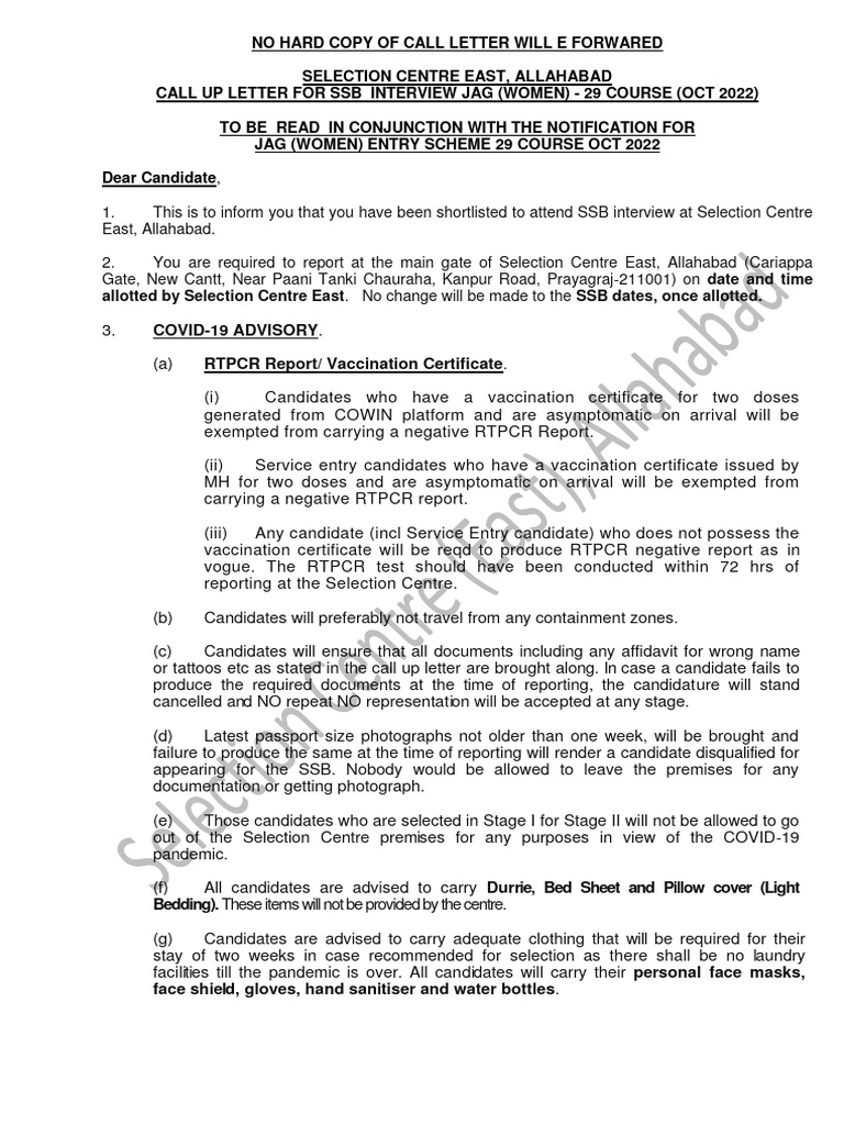 Call Up Letter Sce Allahabad For Jag (Women) 29 Course | PDF | Identity ...