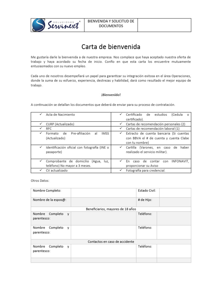 Carta de Bienvenida y Solicitud de Documentos | PDF
