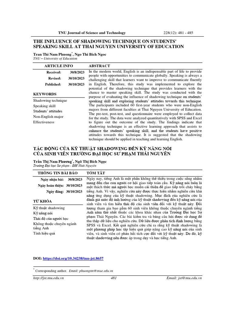 The Influence of Shadowing Technique On Students' Speaking Skill at Thai Nguyen University of ...