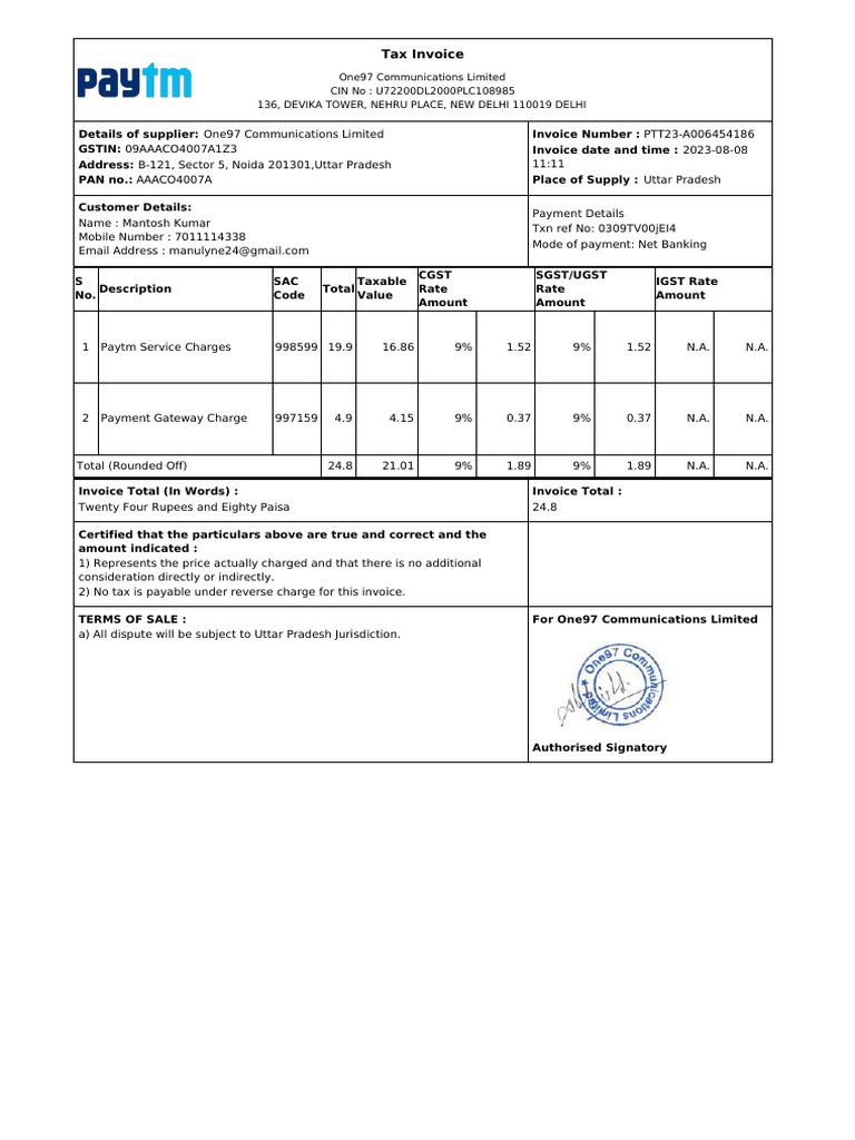 Tax Invoice - PTT23-A006454186.pdf | PDF | Invoice | Taxes