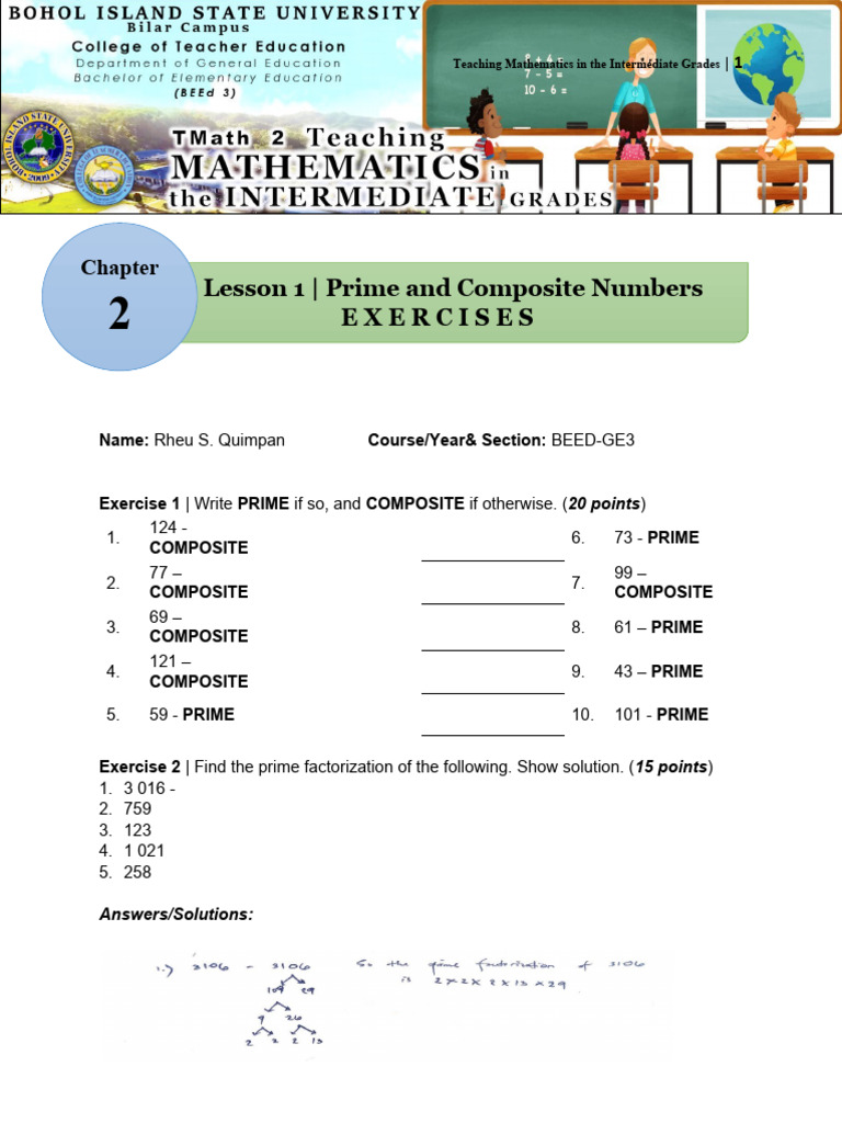 RHEU QUIMPAN - TMath 2 Chapter 2 Lesson 1 Exercises | Download Free PDF | Prime Number | Numbers