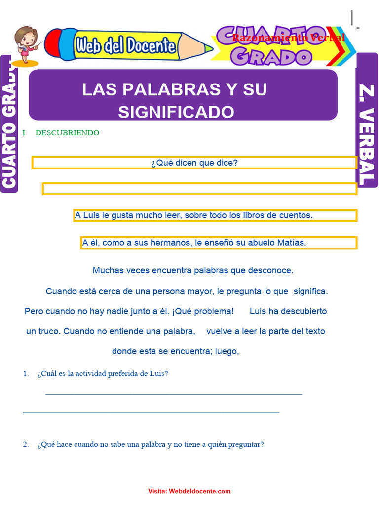 Las Palabras y Su Significado para Cuarto Grado de Primaria | PDF