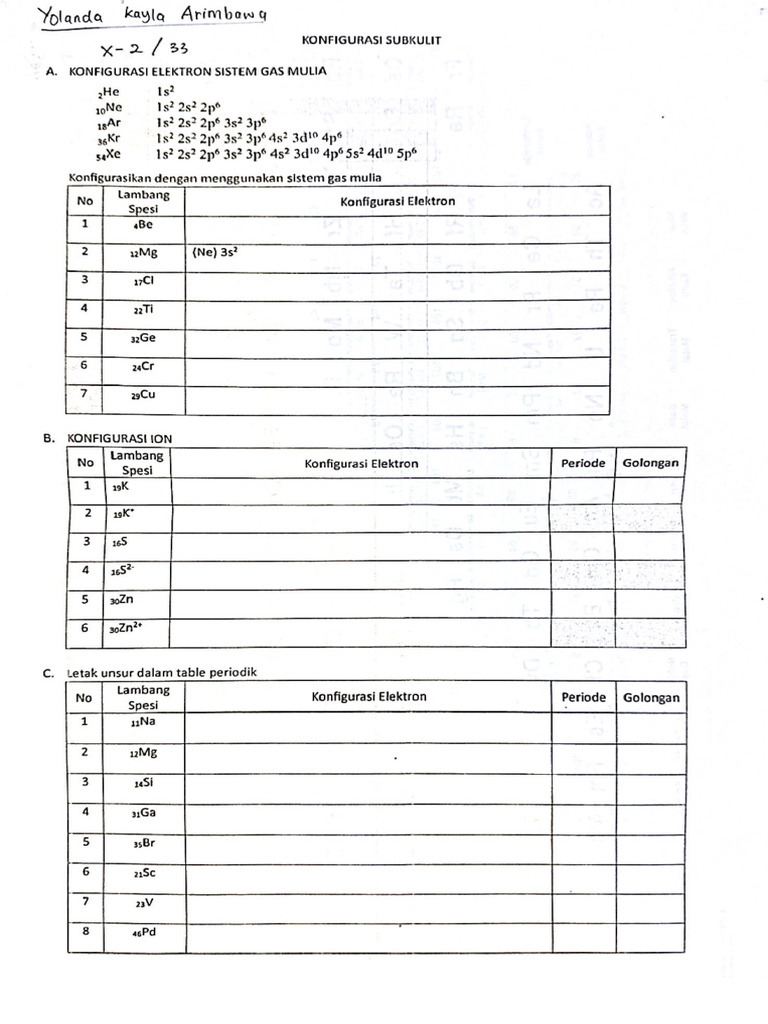 Worksheet Kimia Konfigurasi SubKulit | PDF