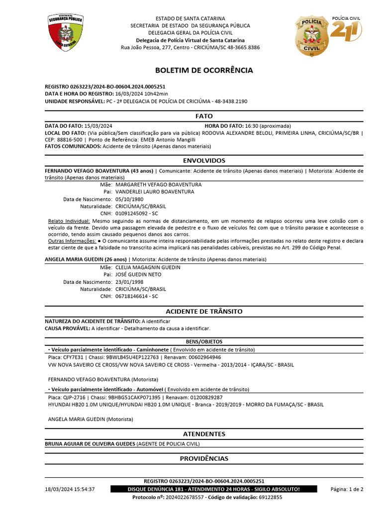 Boletim de Ocorrência: Polícia Civil | PDF | Tráfego | Acidentes de ...