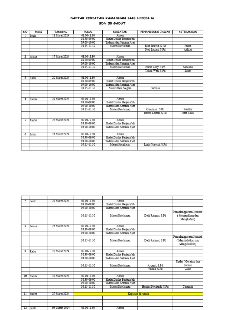 Jadwal Kegiatan Ramadhan 2024 | PDF