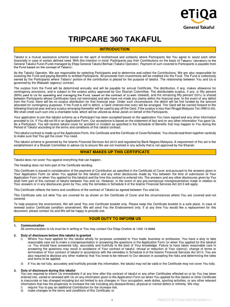 TripCare 360 Takaful Certificate Contract | PDF | Infection