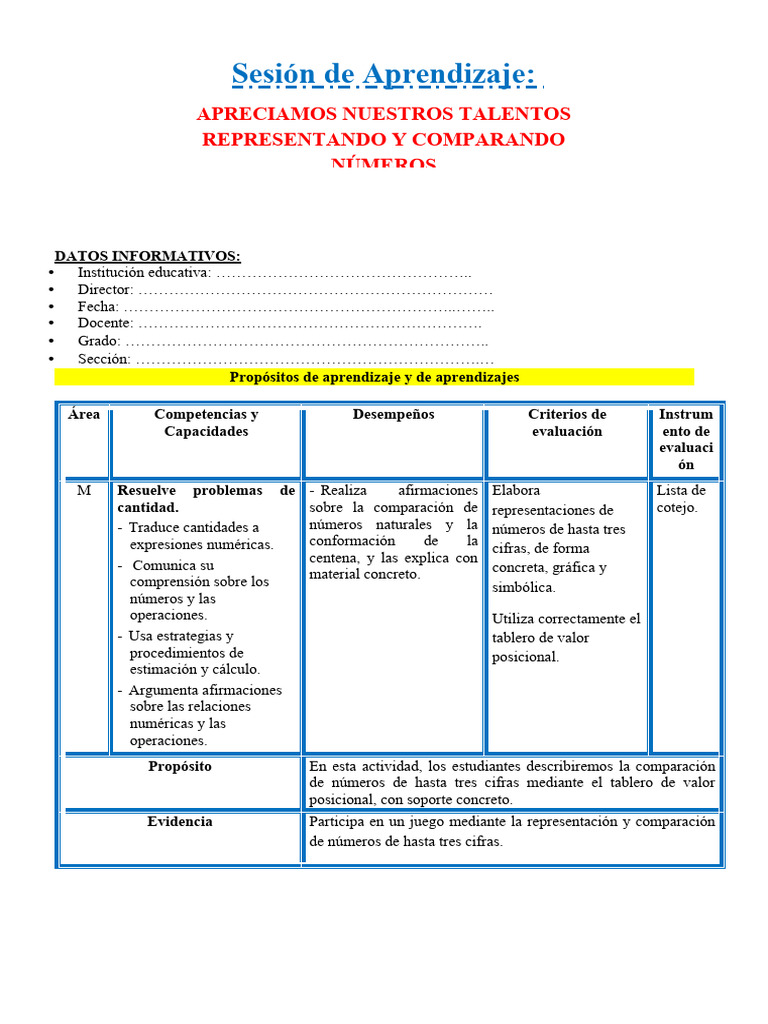 3° Sesión Día 3 Mat Apreciamos Nuestros Talentos Representando y Comparando Números | PDF ...
