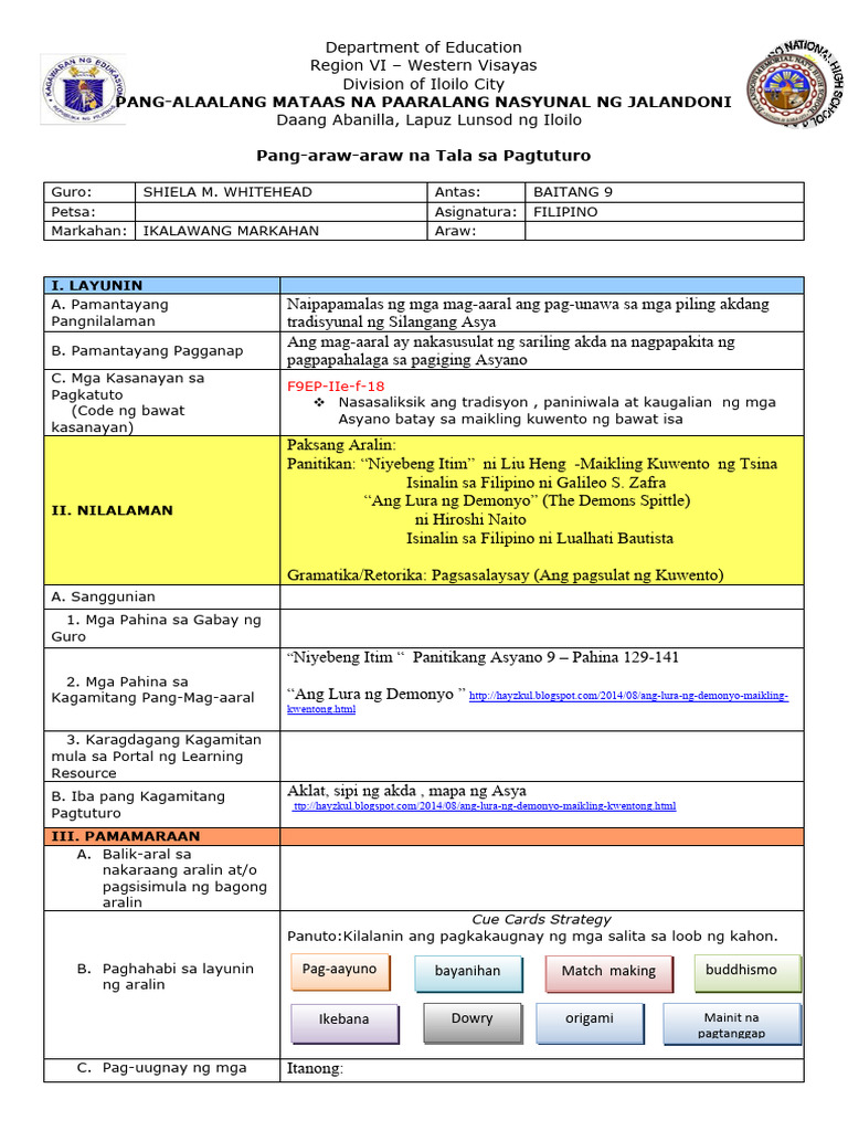Banghay Aralin sa Filipino 9 | PDF