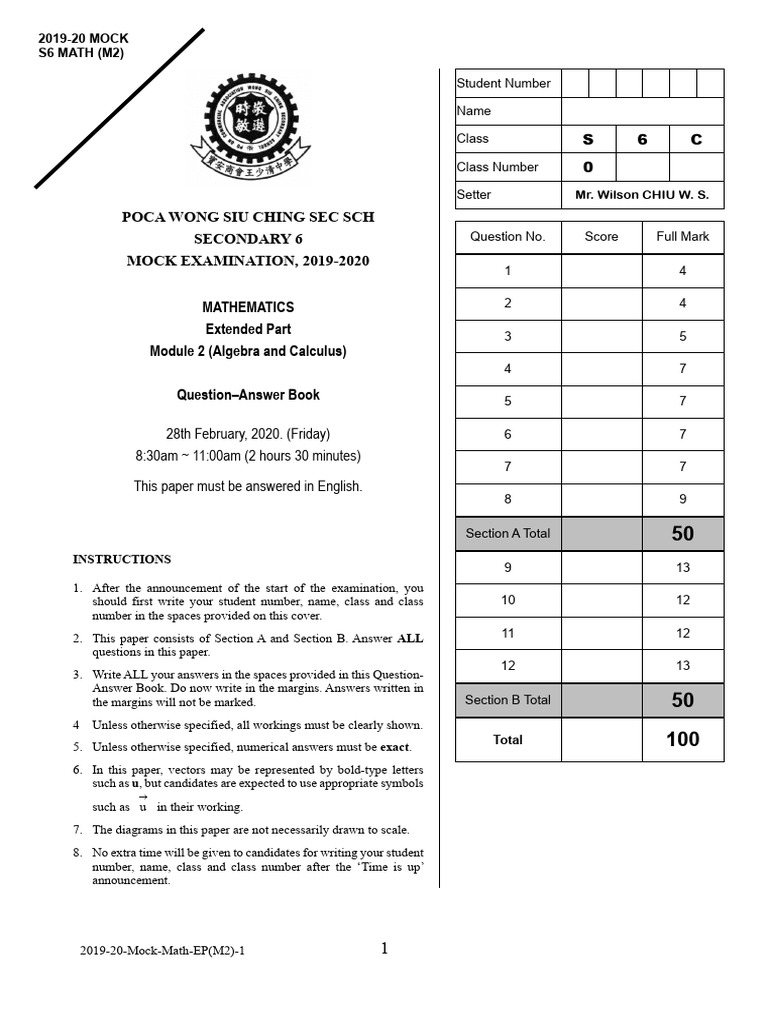 S6 Mock Math Exam 2019-2020 | PDF | Applied Mathematics | Mathematical ...