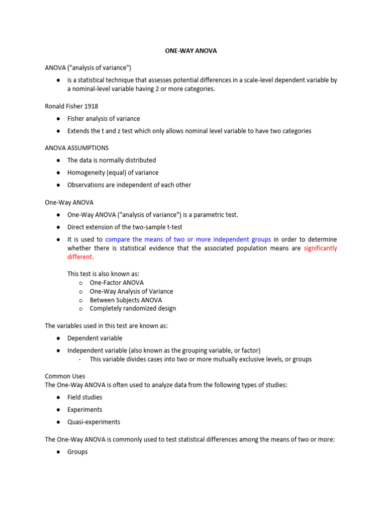 One Way Anova | PDF | Analysis Of Variance | Tests