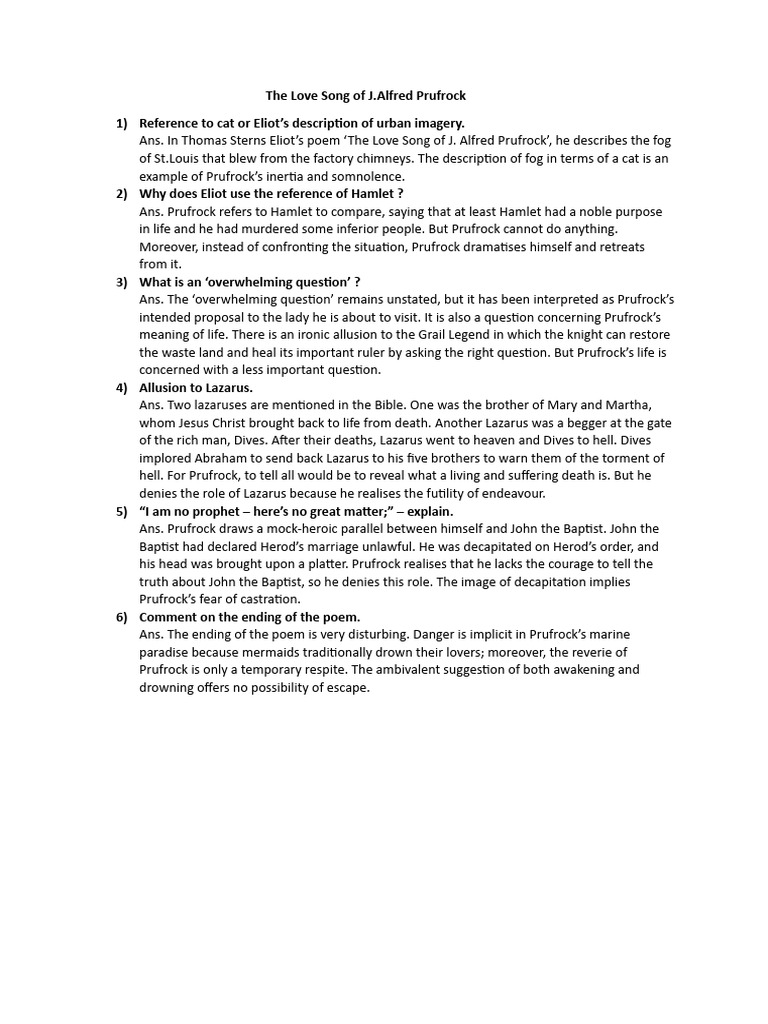 Questions From The Love Song of J. Alfred Prufrock | PDF | Lazarus Of ...