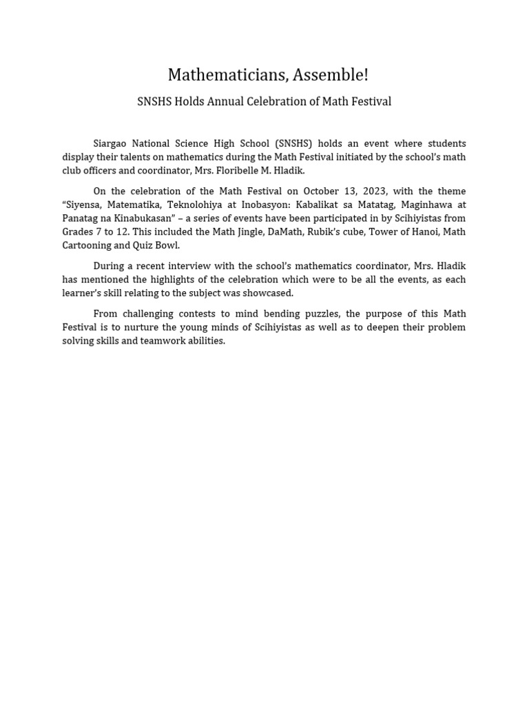 SNSHS Holds Annual Celebration of Math Festival (AutoRecovered) | PDF