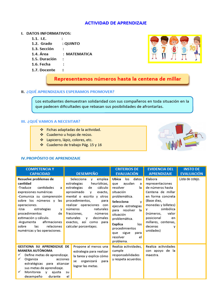 D2 A1 SESION MAT. Representamos Números Hasta La Centena de Millar | PDF | Aprendizaje | Evaluación