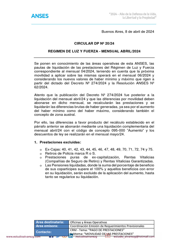 Circular Dp-020-2024 Regimen de Luz y Fuerza - Mensual Abril-2024 | PDF