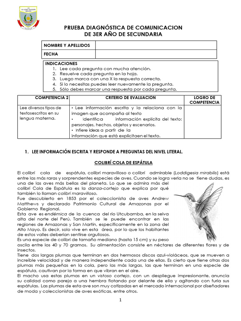 EXAMEN DIAGNOSTICO | PDF | Especie en peligro | Aves