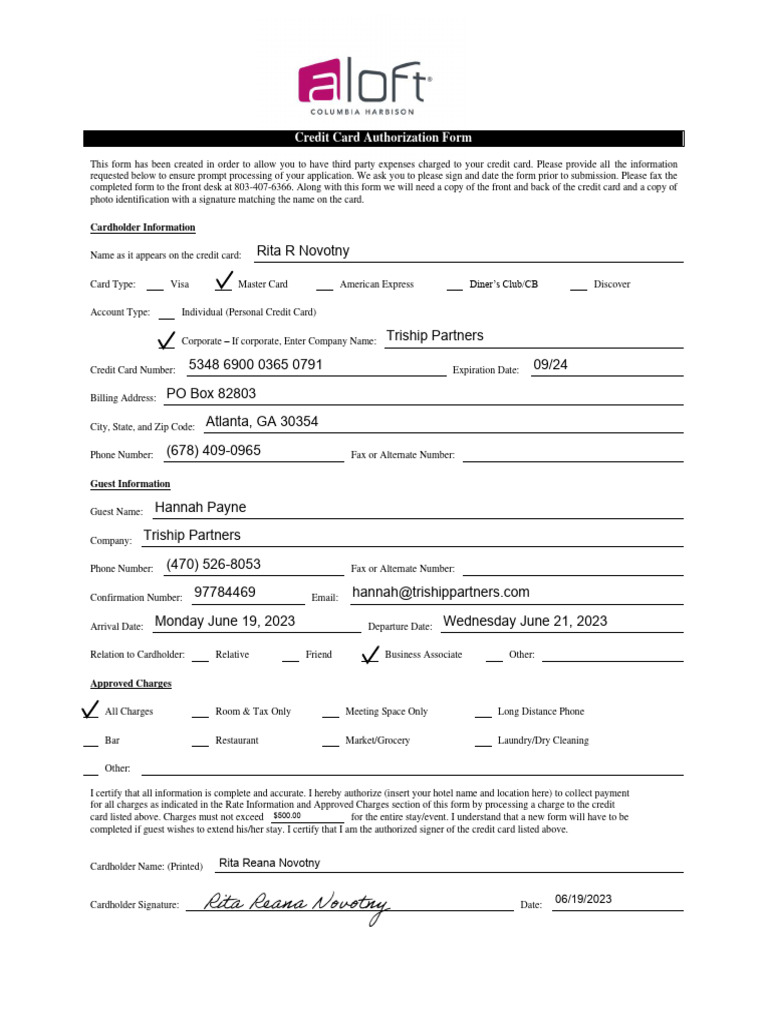 Aloft Credit Card Authorization Form - Comfirmation #97784469 | PDF ...