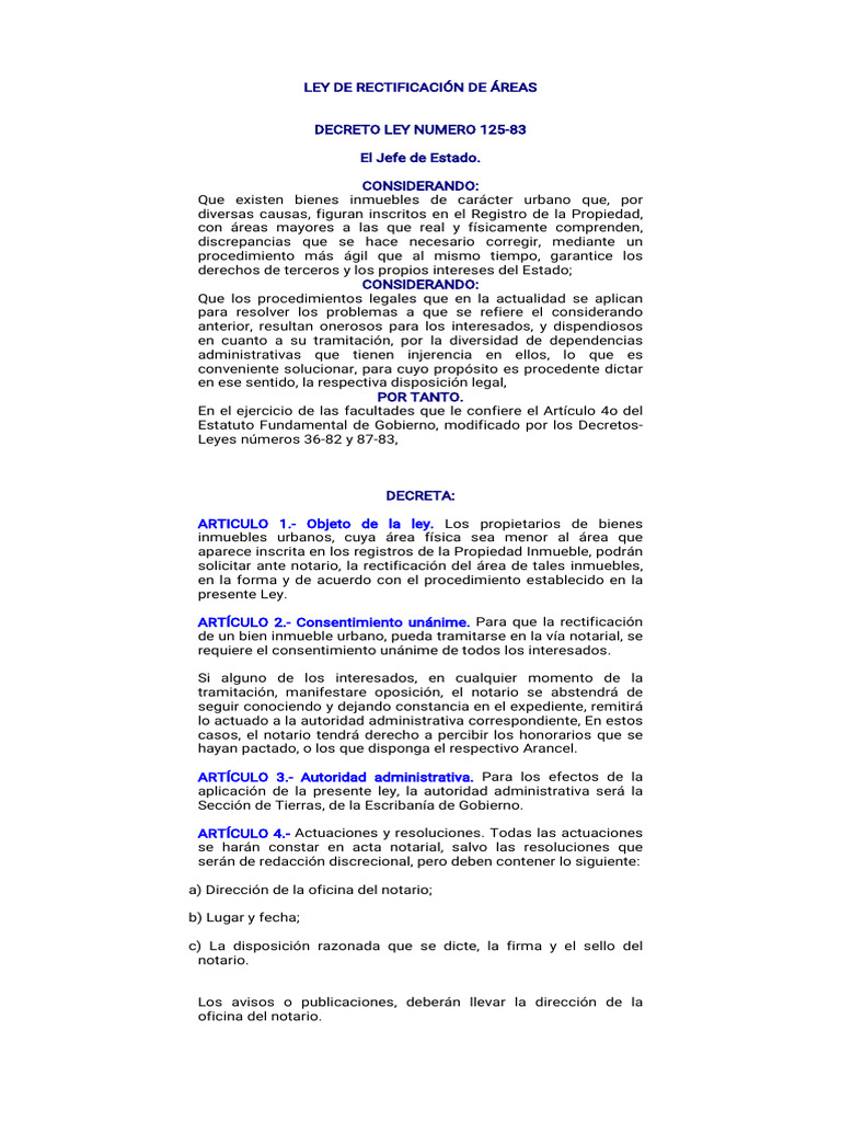 DECRETO-LEY-NUMERO-125-83-Ley-de-Rectificacion-de-Areas | PDF